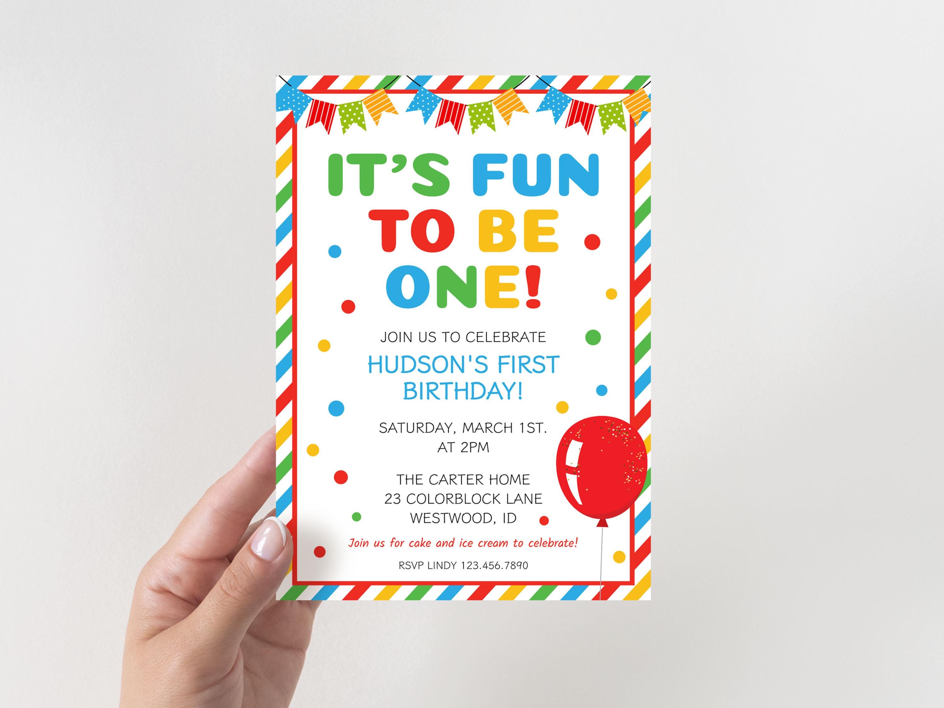 Fun to Be One Birthday Invitation, Colorful First Birthday Invitation ...