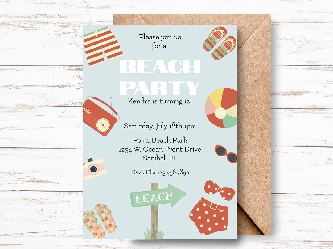 Retro Beach Birthday Party Invitation/ Beach Party Printable - Etsy