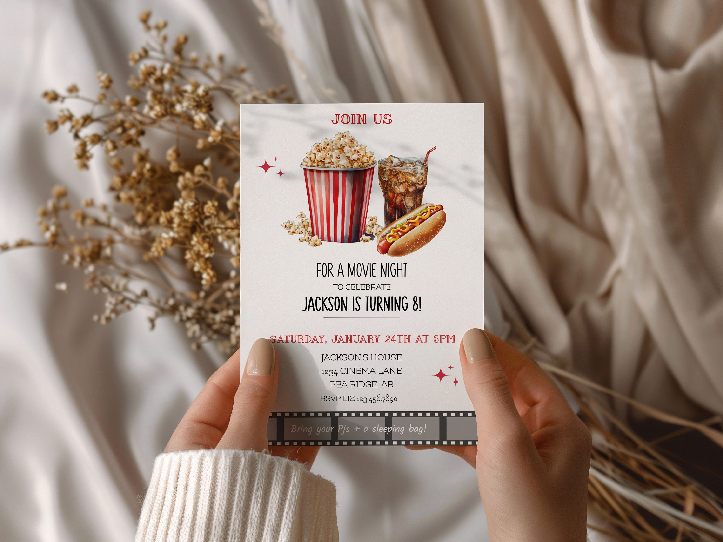 Movie Night Invitation, Movie Night Birthday Invitation, Popcorn ...