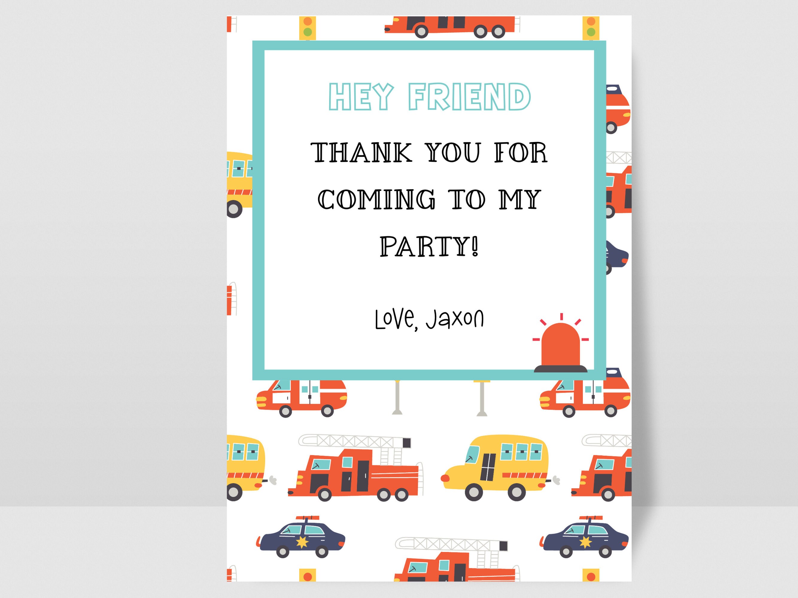 Editable Fire Engine Birthday Thank You Card, Printable Thank You Note ...
