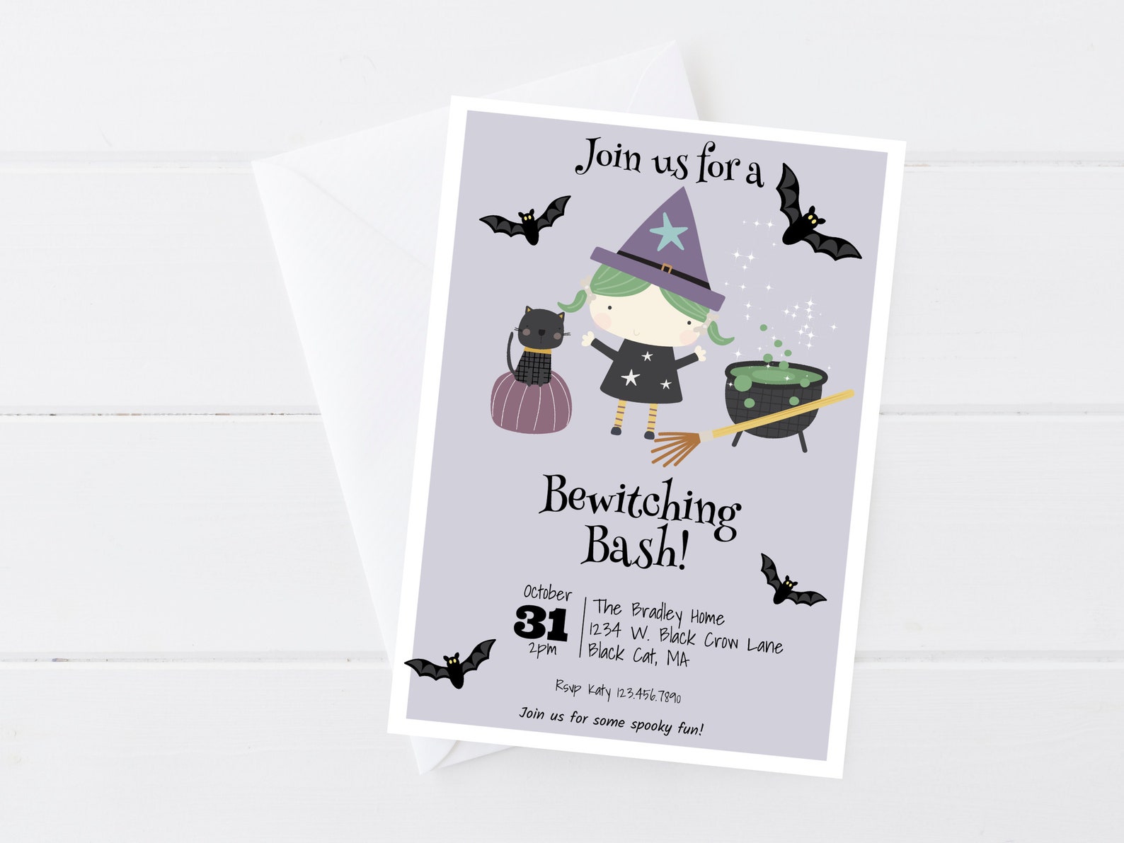 Little Witch Halloween Party Invite, Witches Cauldron & Cat Theme ...