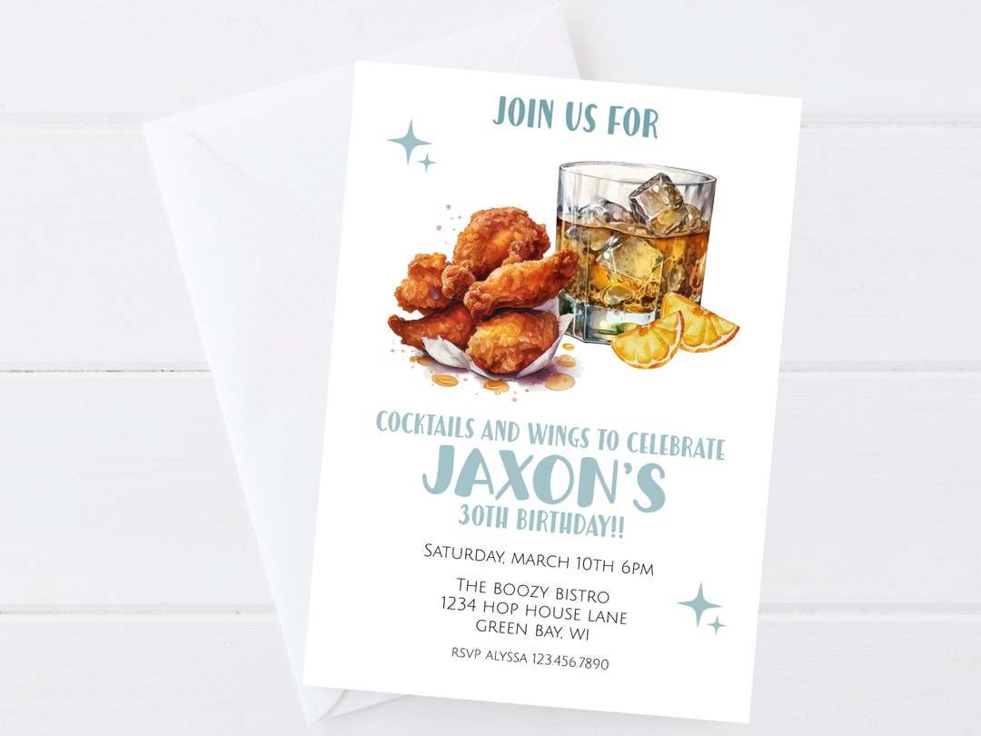 Whiskey & Wings Birthday Invitation, Printable Cocktail Birthday Party ...