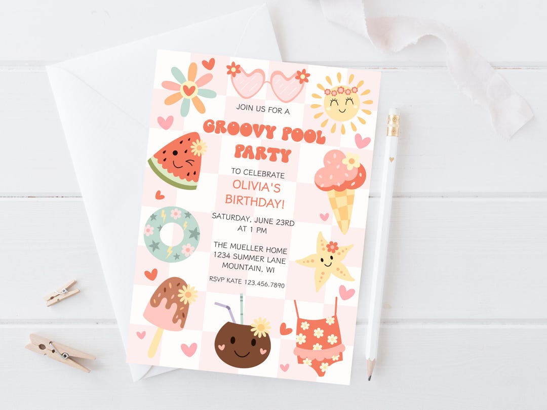 Birthday Pool Party Invite, Summer Birthday Party Invite, Groovy Pool ...
