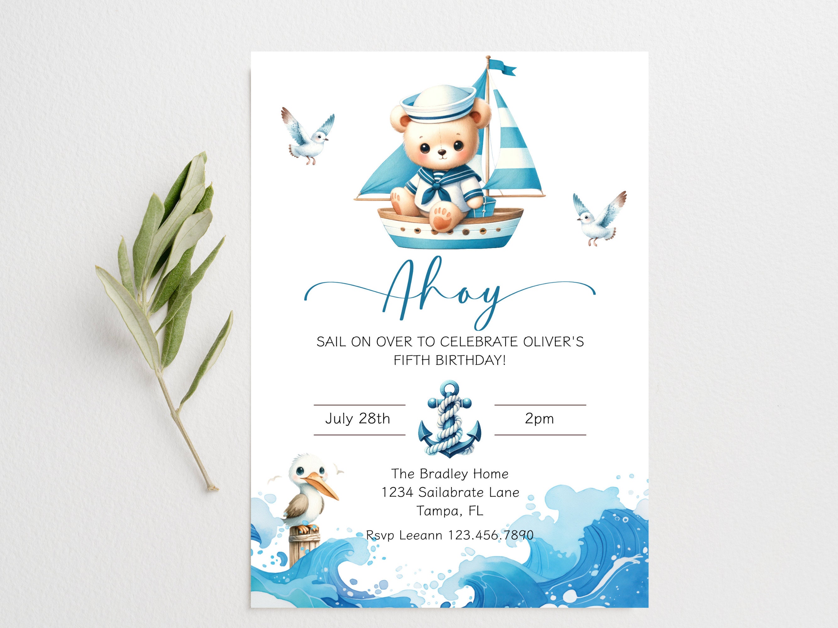 Sailor Bear Birthday Party Invitation, Nautical Boys Birthday Invite ...