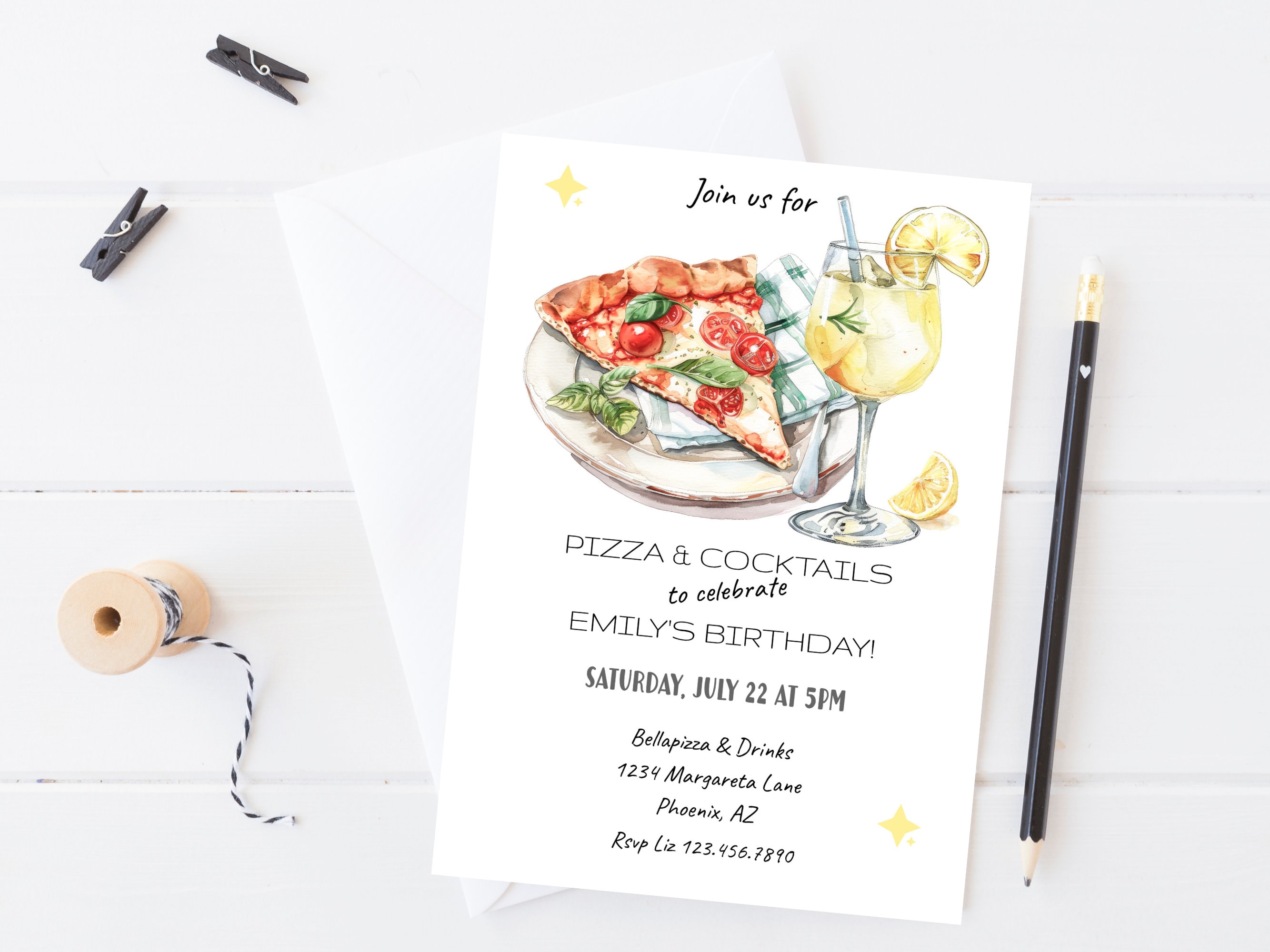 Pizza Party Invitation, Printable Pizza & Cocktails Birthday Invite ...