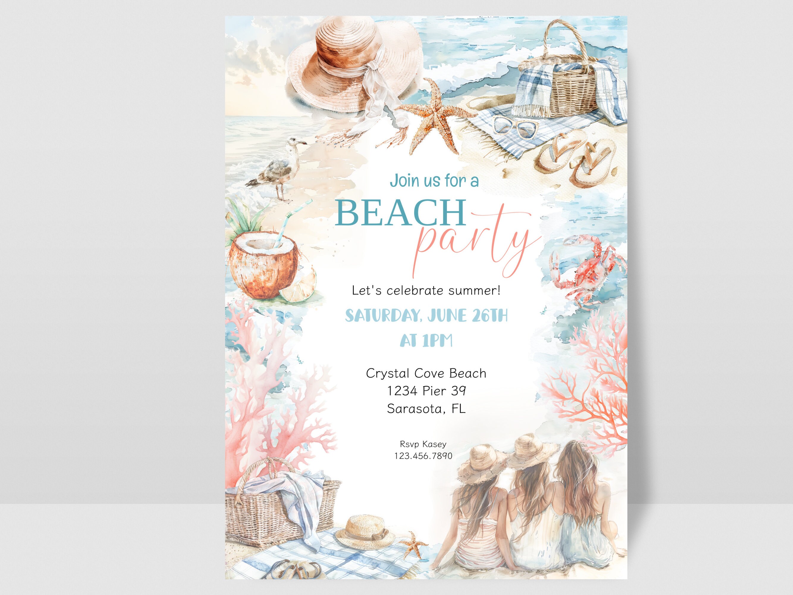 Beach Party Invitation, Printable Beach Picnic Invitation, Editable ...