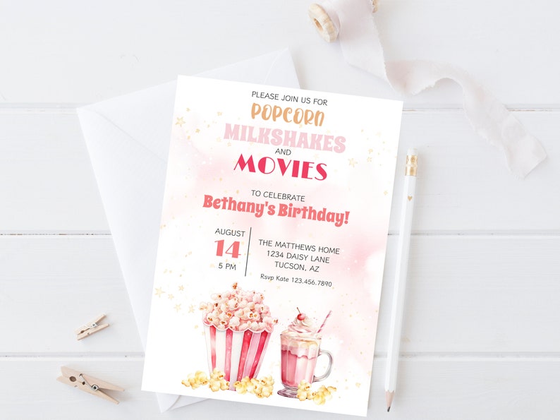 Popcorn and Movie Birthday Invitation, Milkshake & Movie Birthday ...