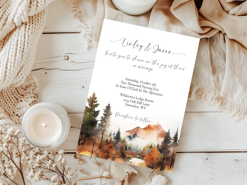 Fall Mountain Wedding Invitation, Autumn Colors Theme, Rustic Mountain ...
