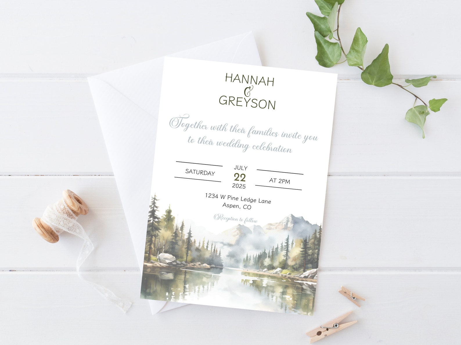 Mountain Wedding Invitation, Editable Serene Outdoor Mountain Wedding ...