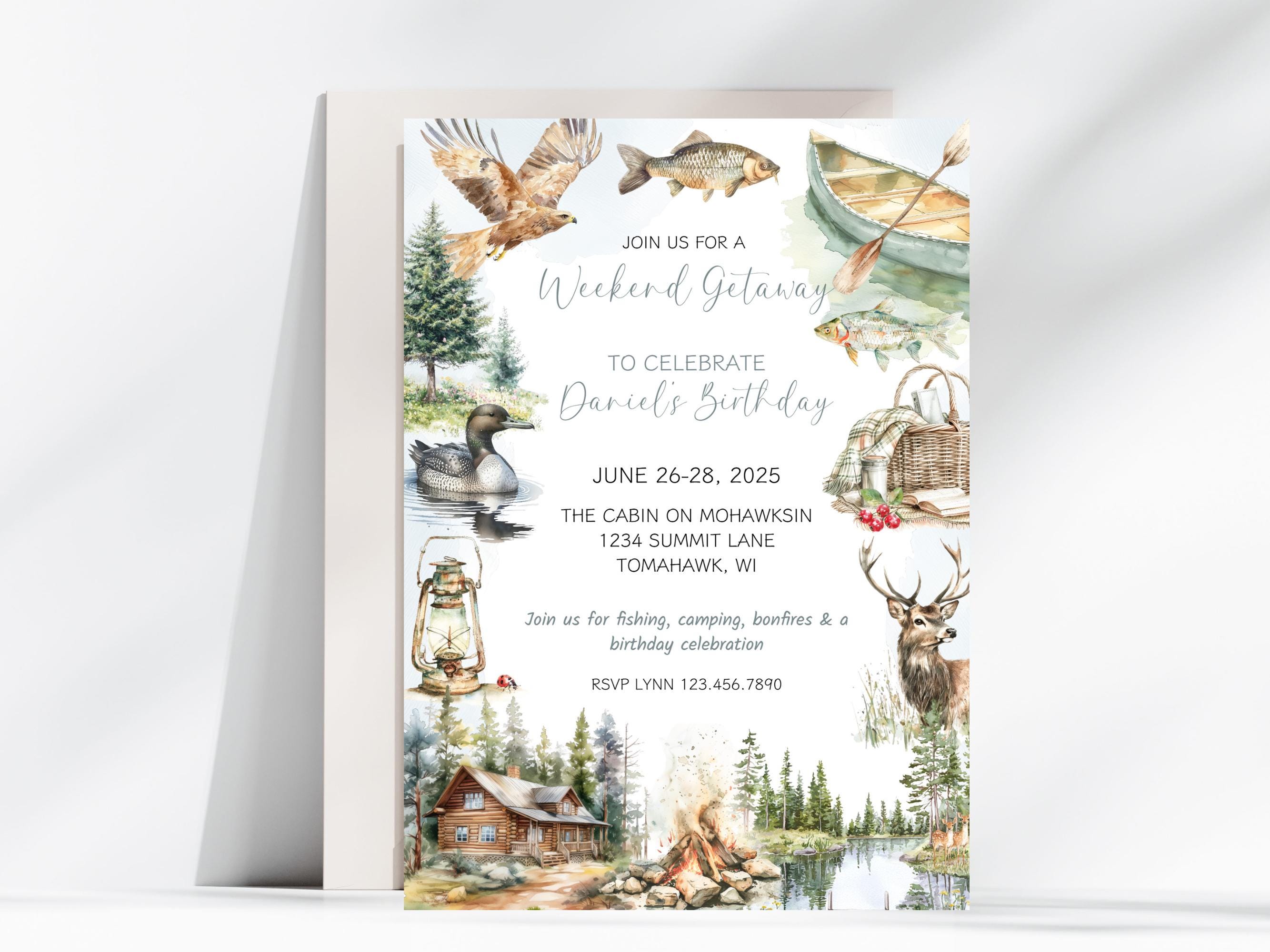 Rustic Cabin Birthday Invitation: Fishing Weekend Getaway (digital ...