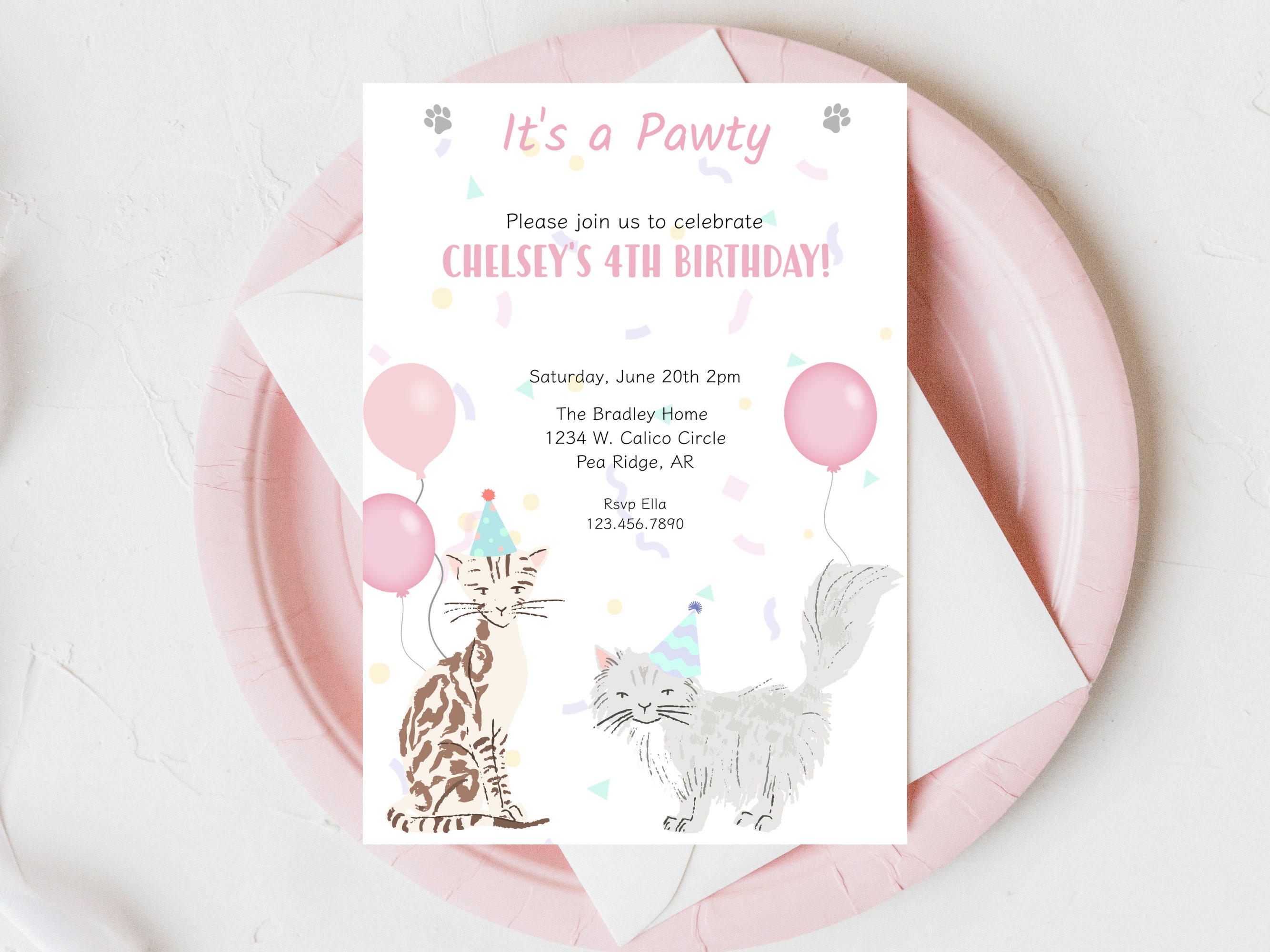 Cats Birthday Party Invite, Printable Cute Kitties Birthday Invite ...