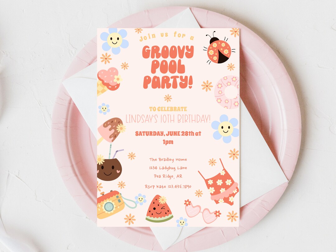 Groovy Pool Party Birthday Invitation, Printable Groovy Cupcake Toppers ...