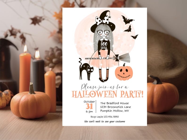 Little Witch Halloween Party Invitation, Editable Cute Witch Invitation ...