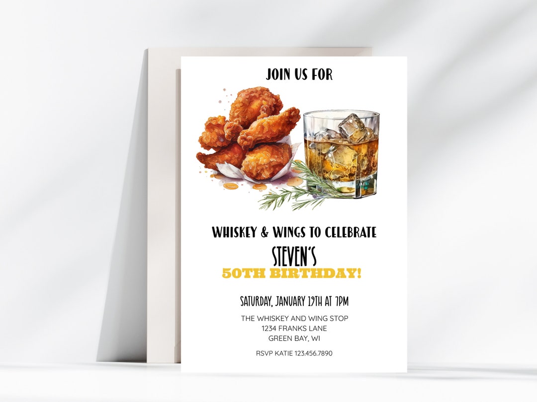 Whiskey & Wings Birthday Party Invitation, Editable Adult Birthday ...