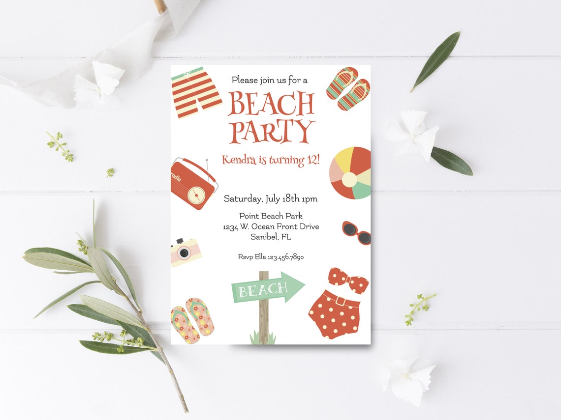 Retro Beach Birthday Party Invitation, Editable Beach Party Invitation ...