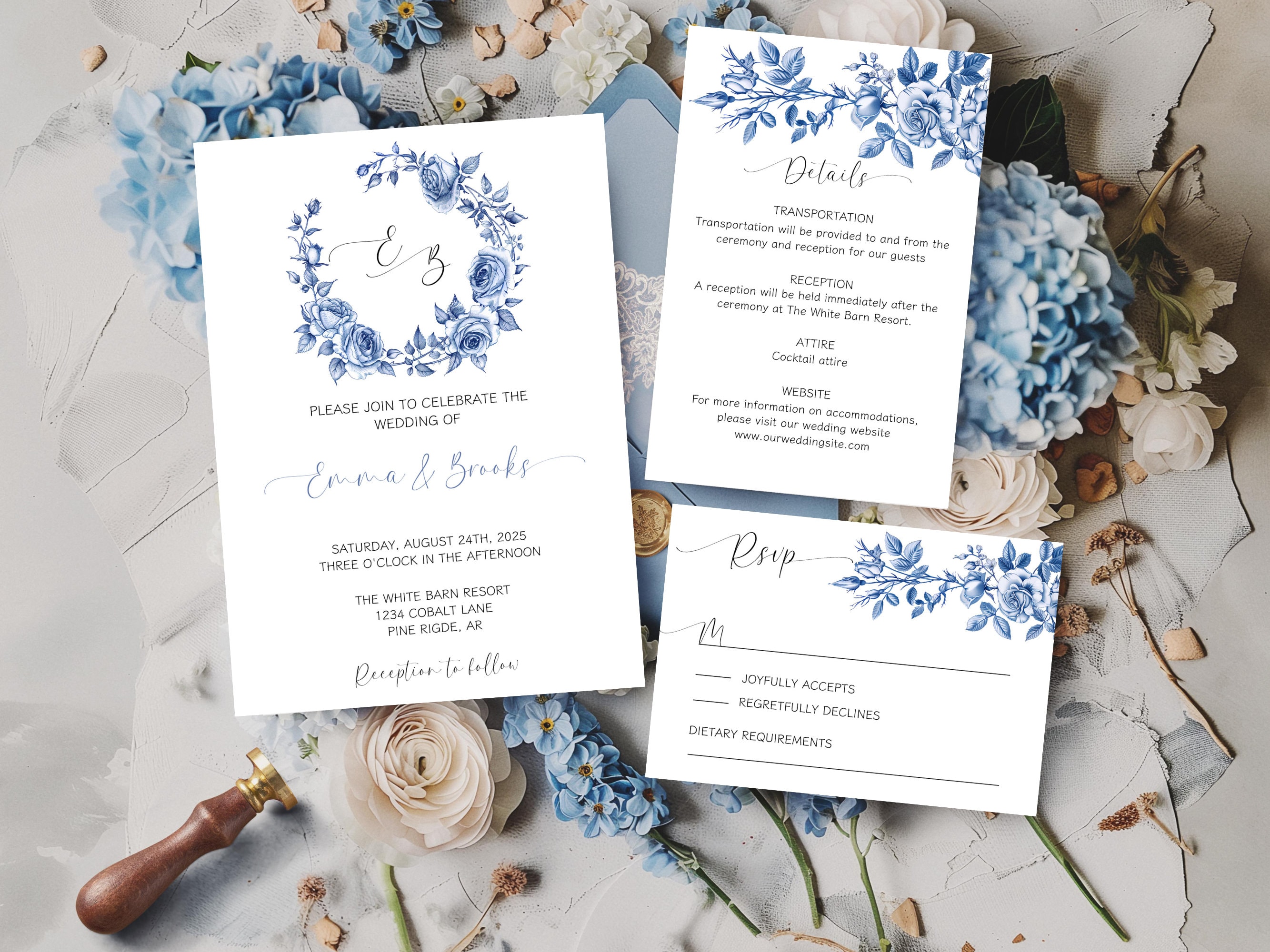 French Blue Rose Toile Wedding Invitation Set, Vintage Charm French ...