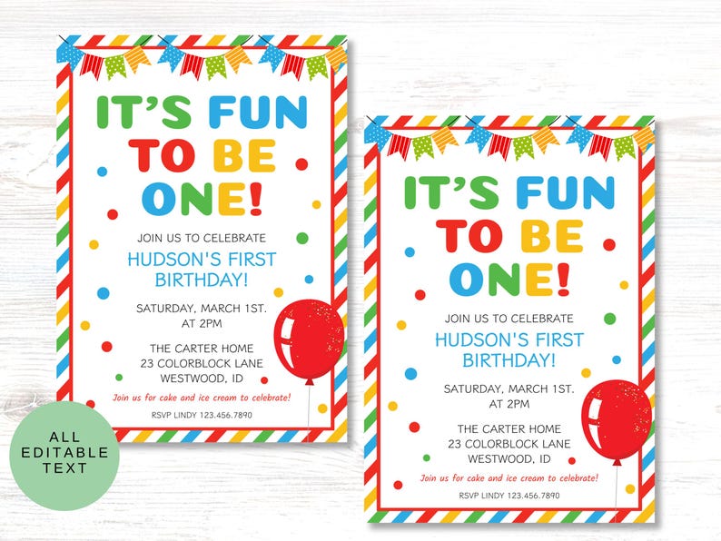 Fun to Be One Birthday Invitation, Colorful First Birthday Invitation ...