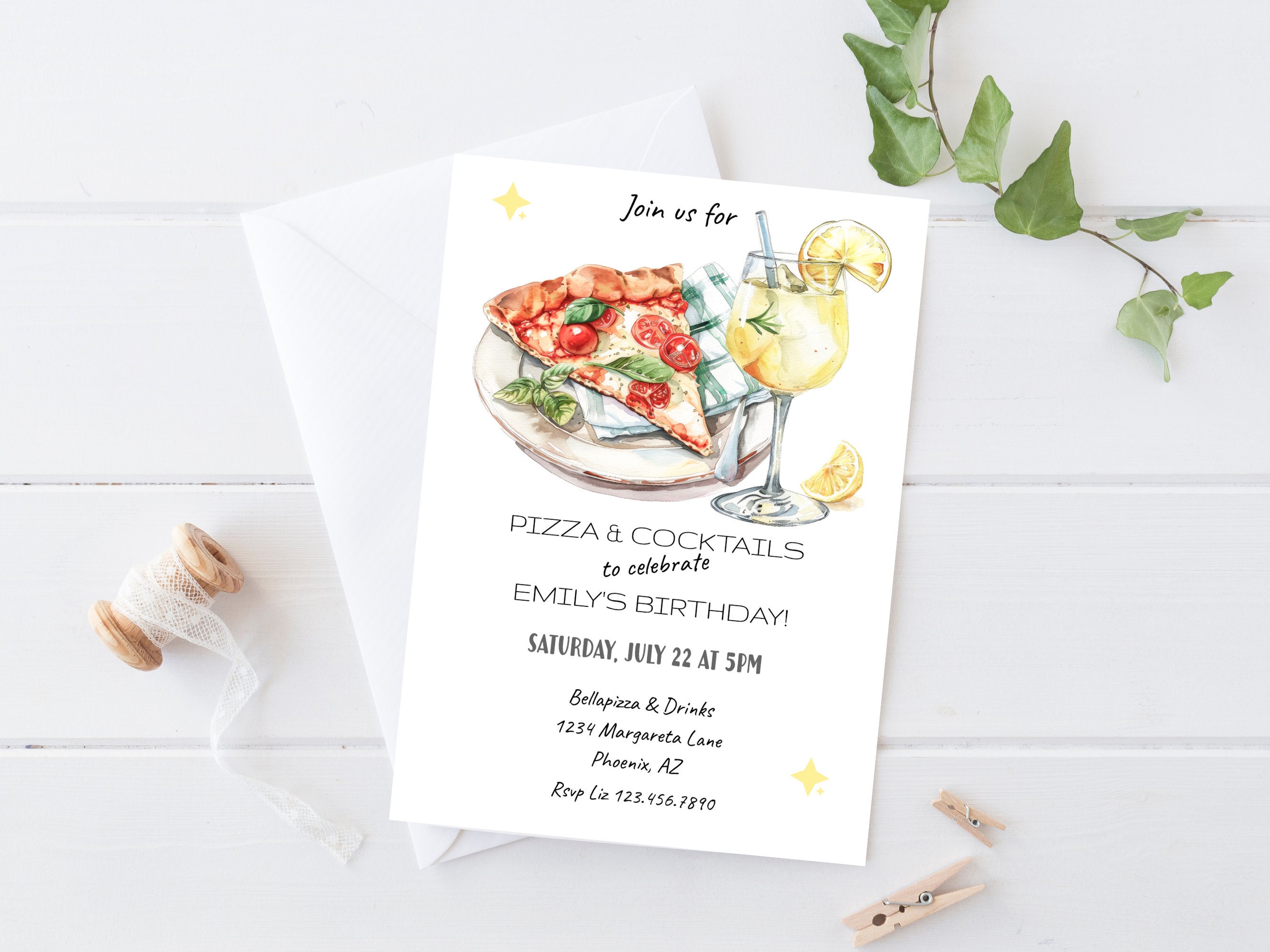 Pizza Party Invitation, Printable Pizza & Cocktails Birthday Invite ...