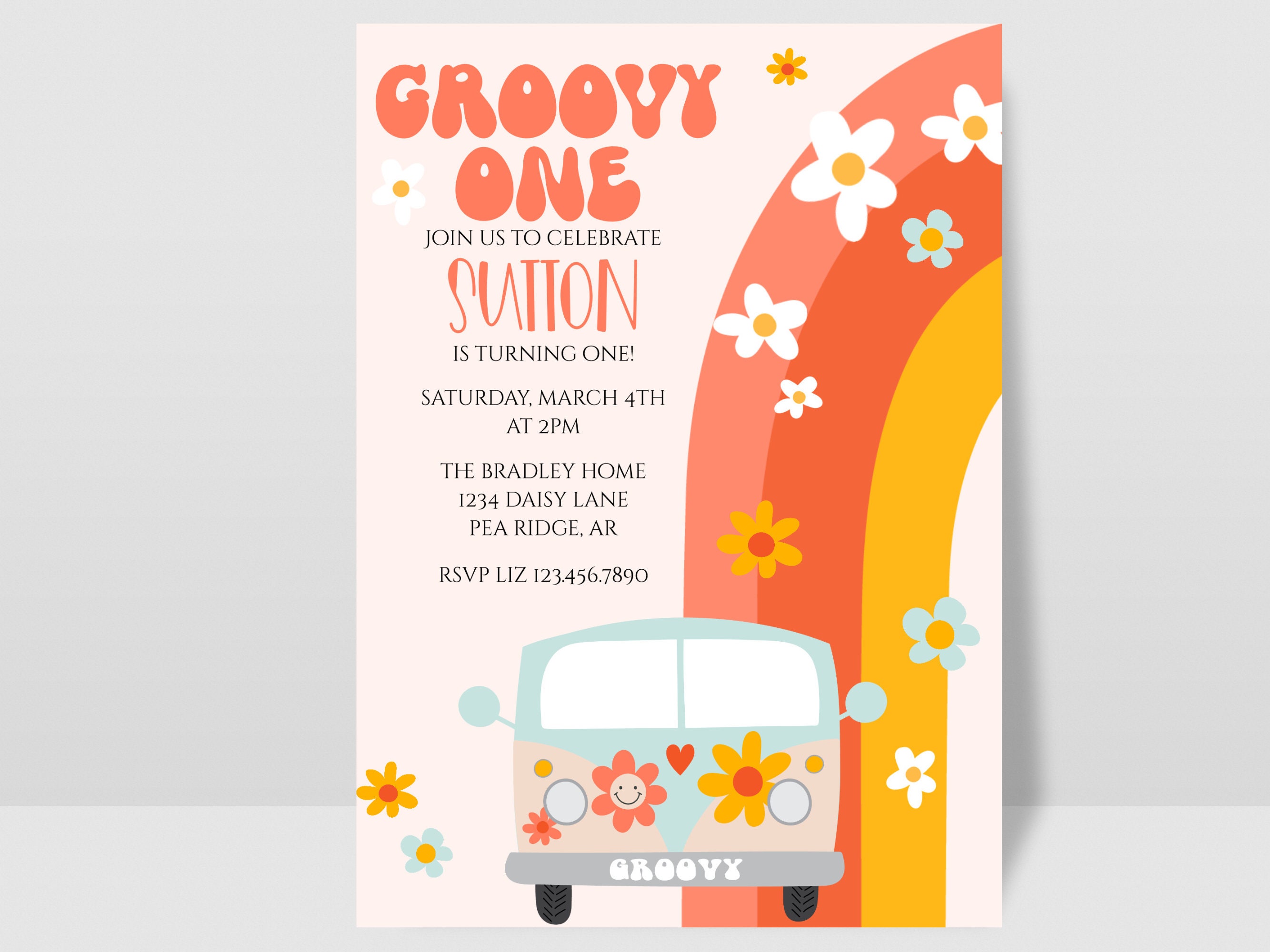 Retro Theme Groovy One Birthday Party Invitation, Editable Hippie Party ...