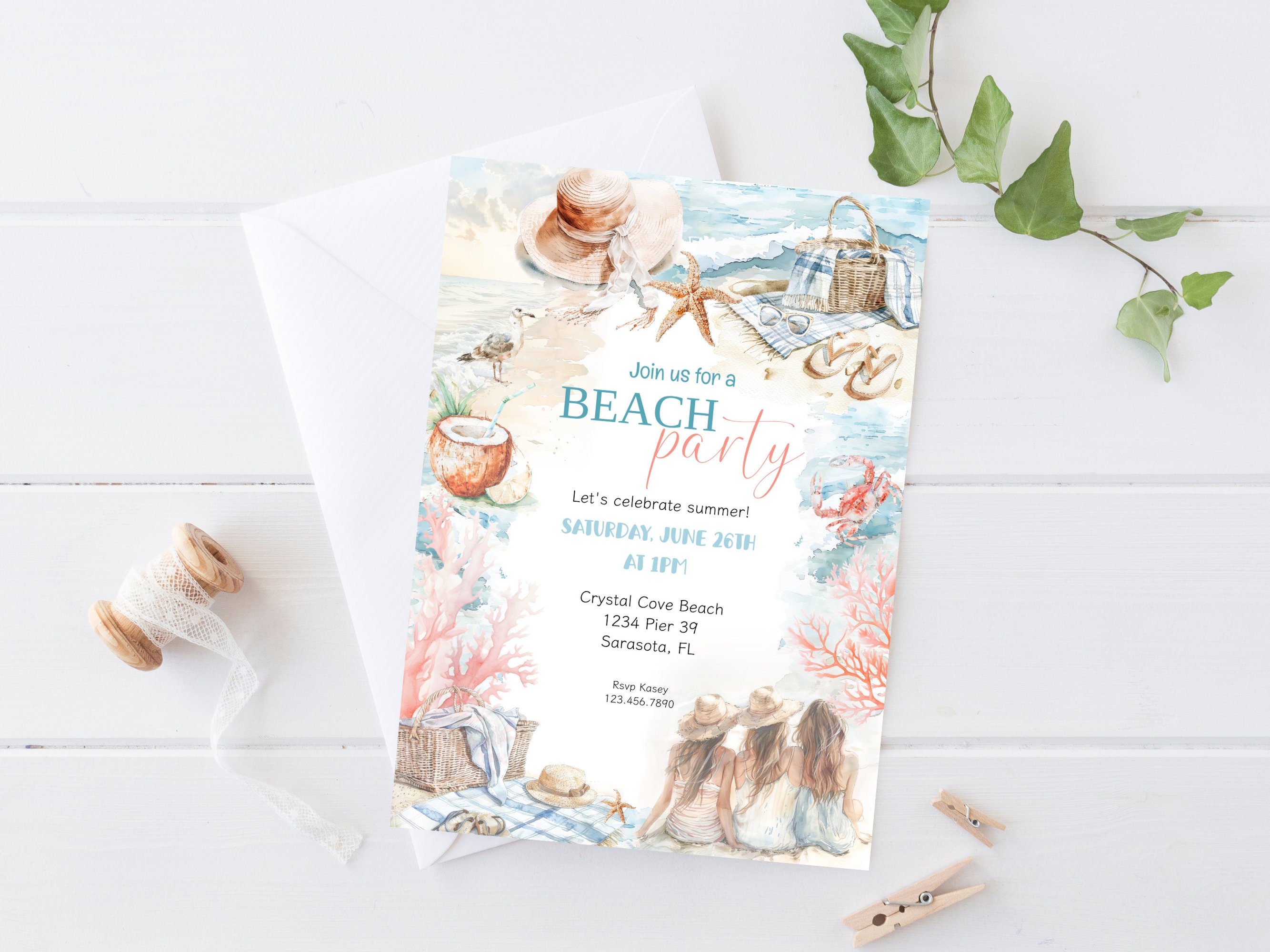 Beach Party Invitation, Printable Beach Picnic Invitation, Editable ...