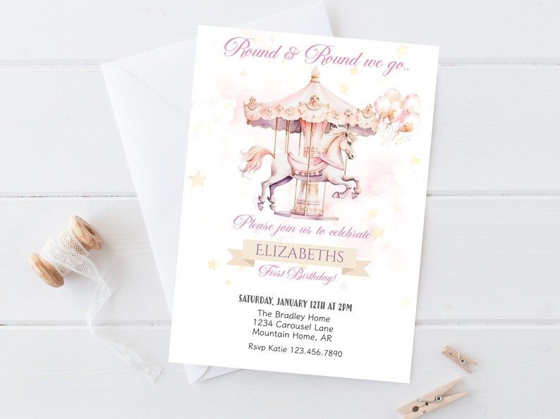 Carousel Birthday Party Invitation, Carousel Pony Girls First Birthday ...