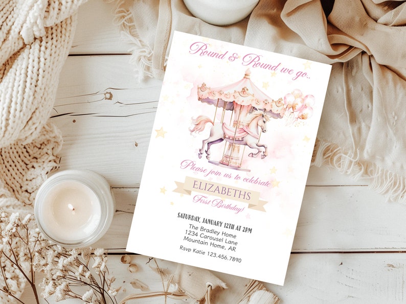 Carousel Birthday Party Invitation, Carousel Pony Girls First Birthday ...