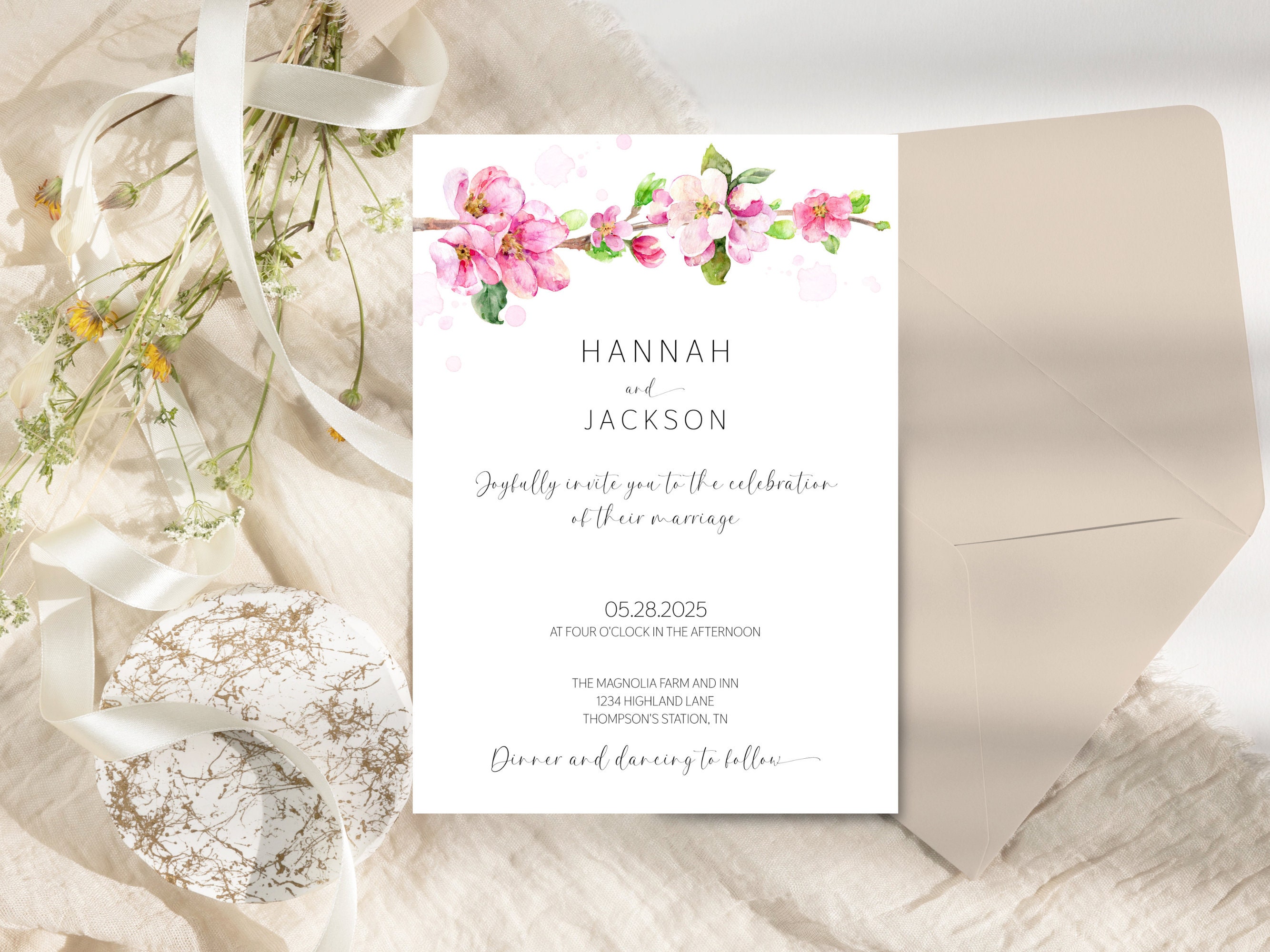 Apple Blossom Wedding Invitation, Printable Pink Floral Wedding ...