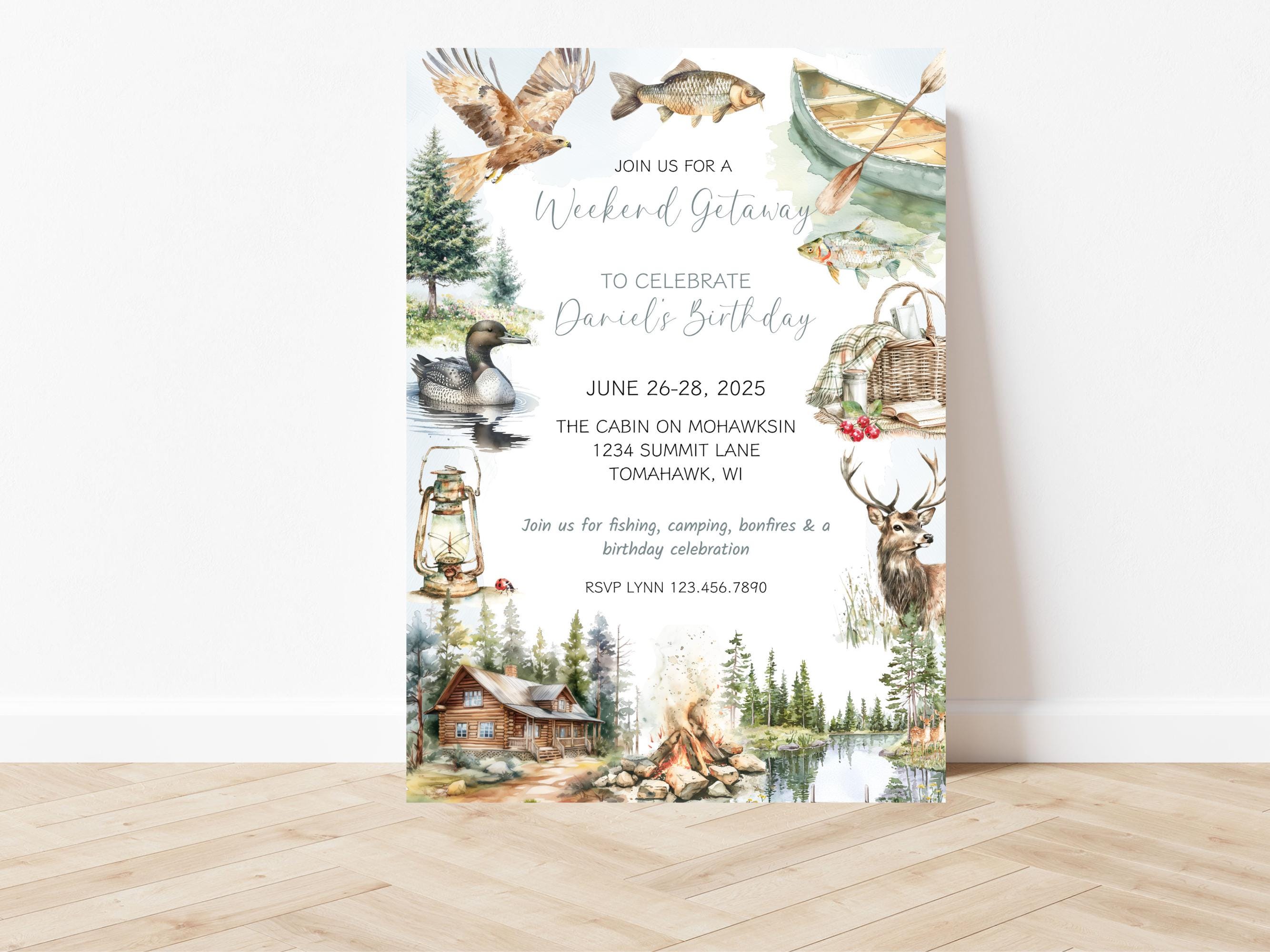 Rustic Cabin Birthday Invitation: Fishing Weekend Getaway (digital ...
