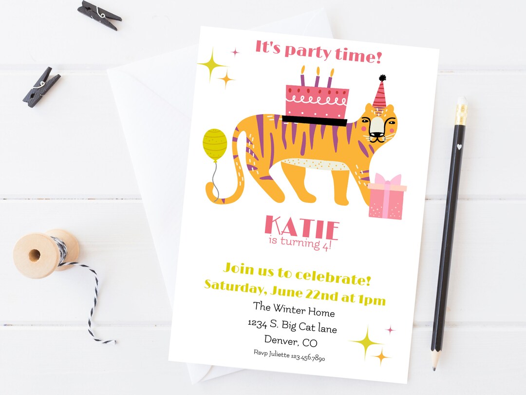 Cute Tiger Birthday Party Invitation, Editable Wild Tiger Birthday ...