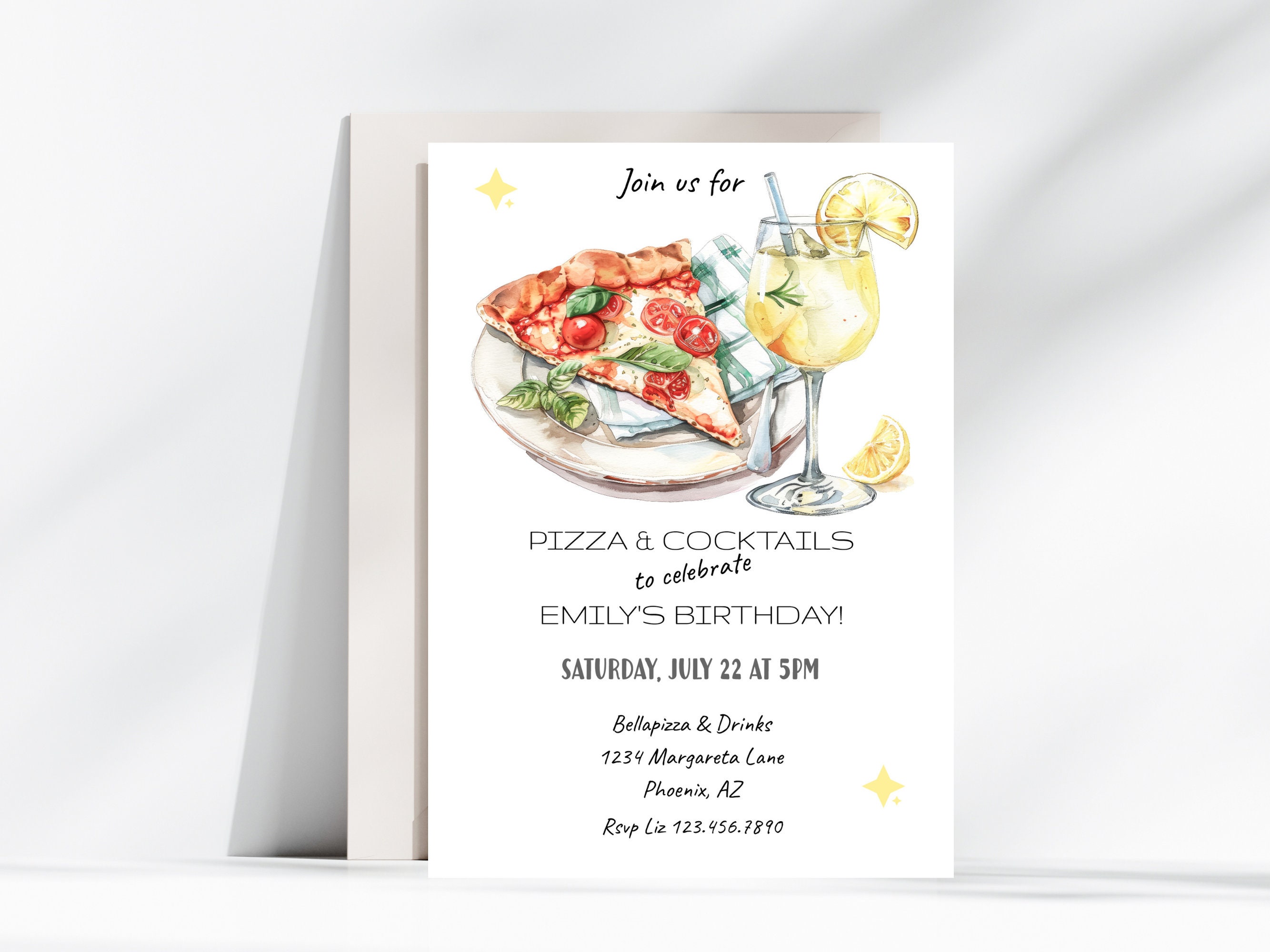 Pizza Party Invitation, Printable Pizza & Cocktails Birthday Invite ...