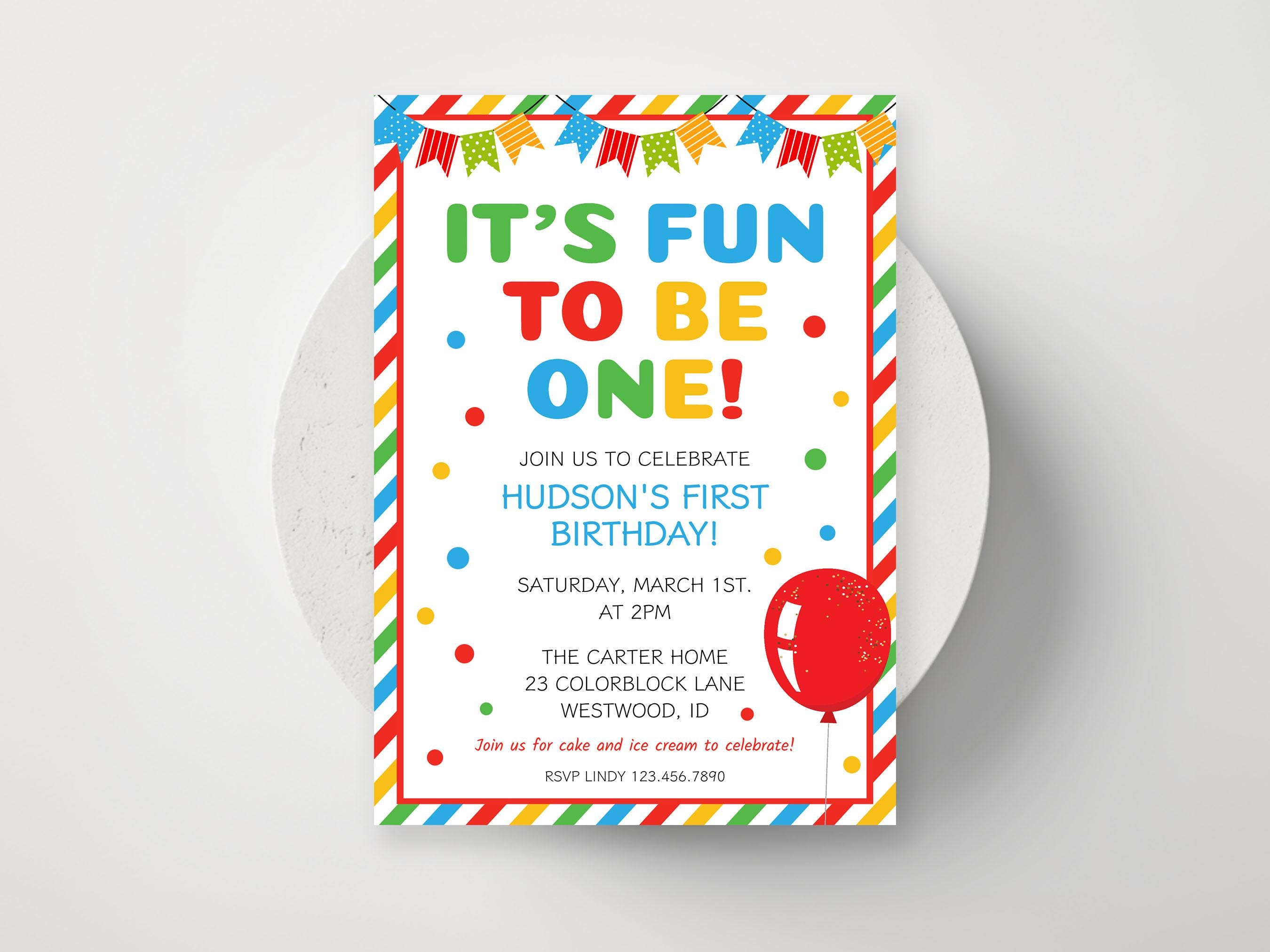 Fun to Be One Birthday Invitation, Colorful First Birthday Invitation ...