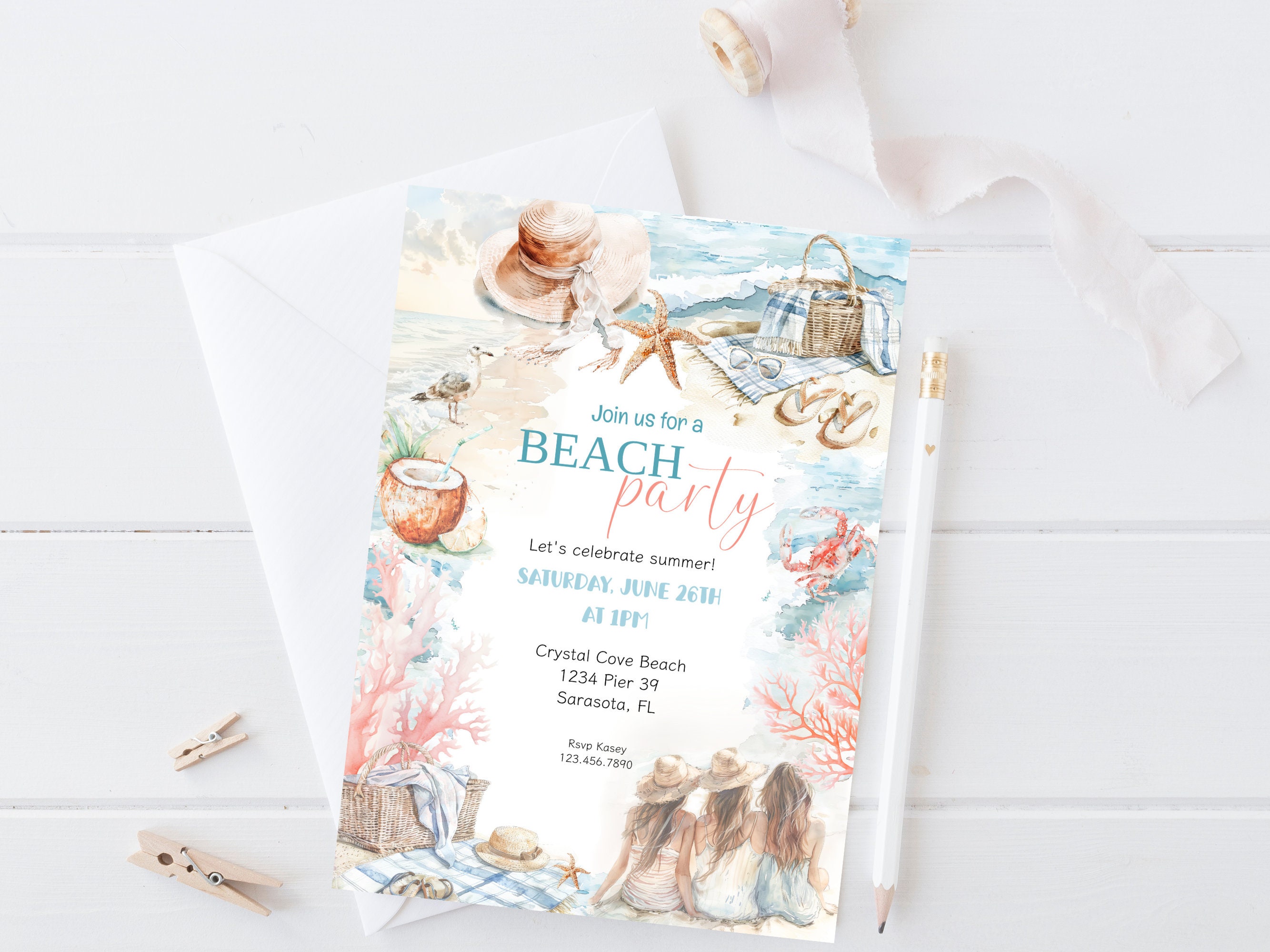 Beach Party Invitation, Printable Beach Picnic Invitation, Editable ...