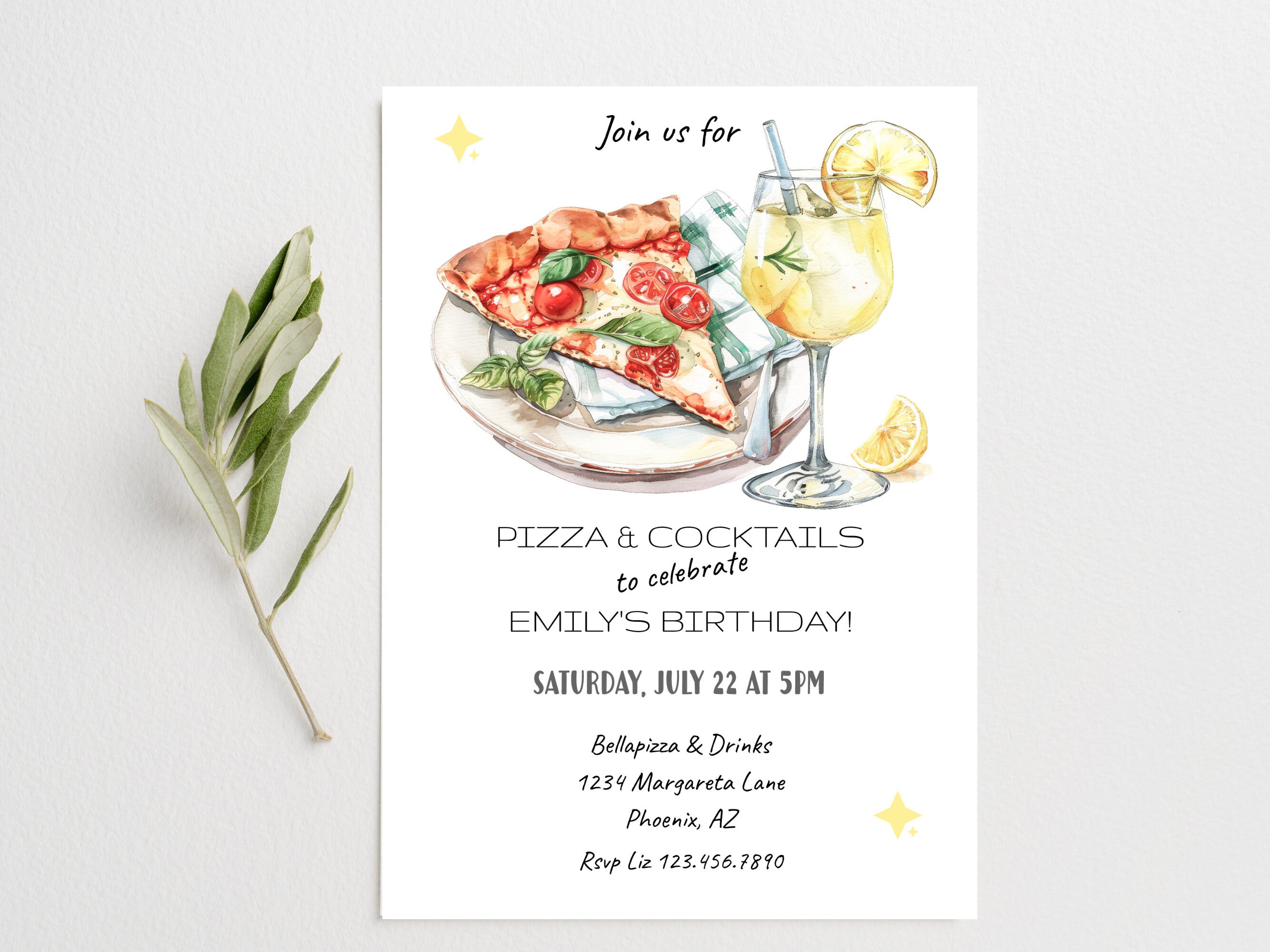 Pizza Party Invitation, Printable Pizza & Cocktails Birthday Invite ...
