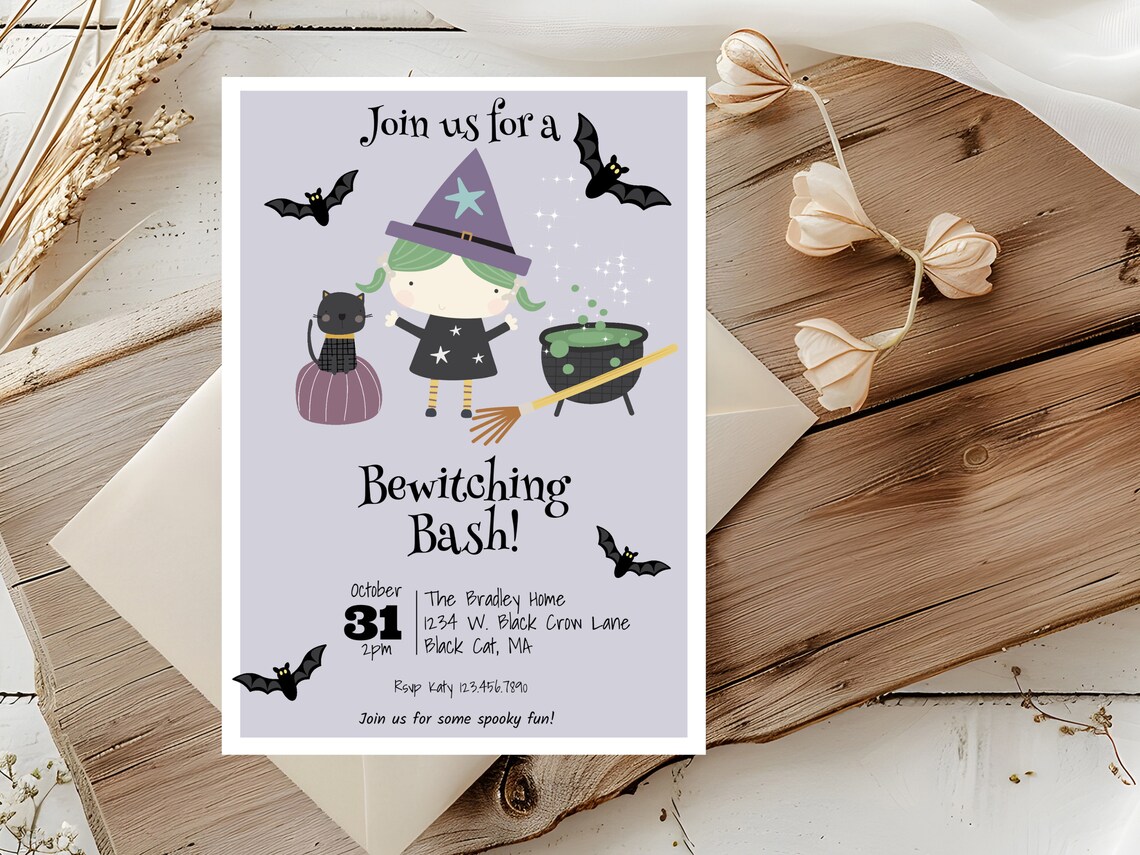 Little Witch Halloween Party Invite, Witches Cauldron & Cat Theme ...