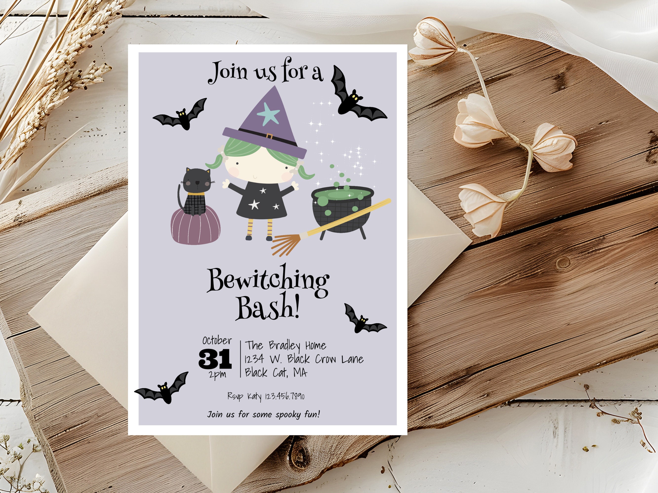 Little Witch Halloween Party Invite, Witches Cauldron & Cat Theme ...