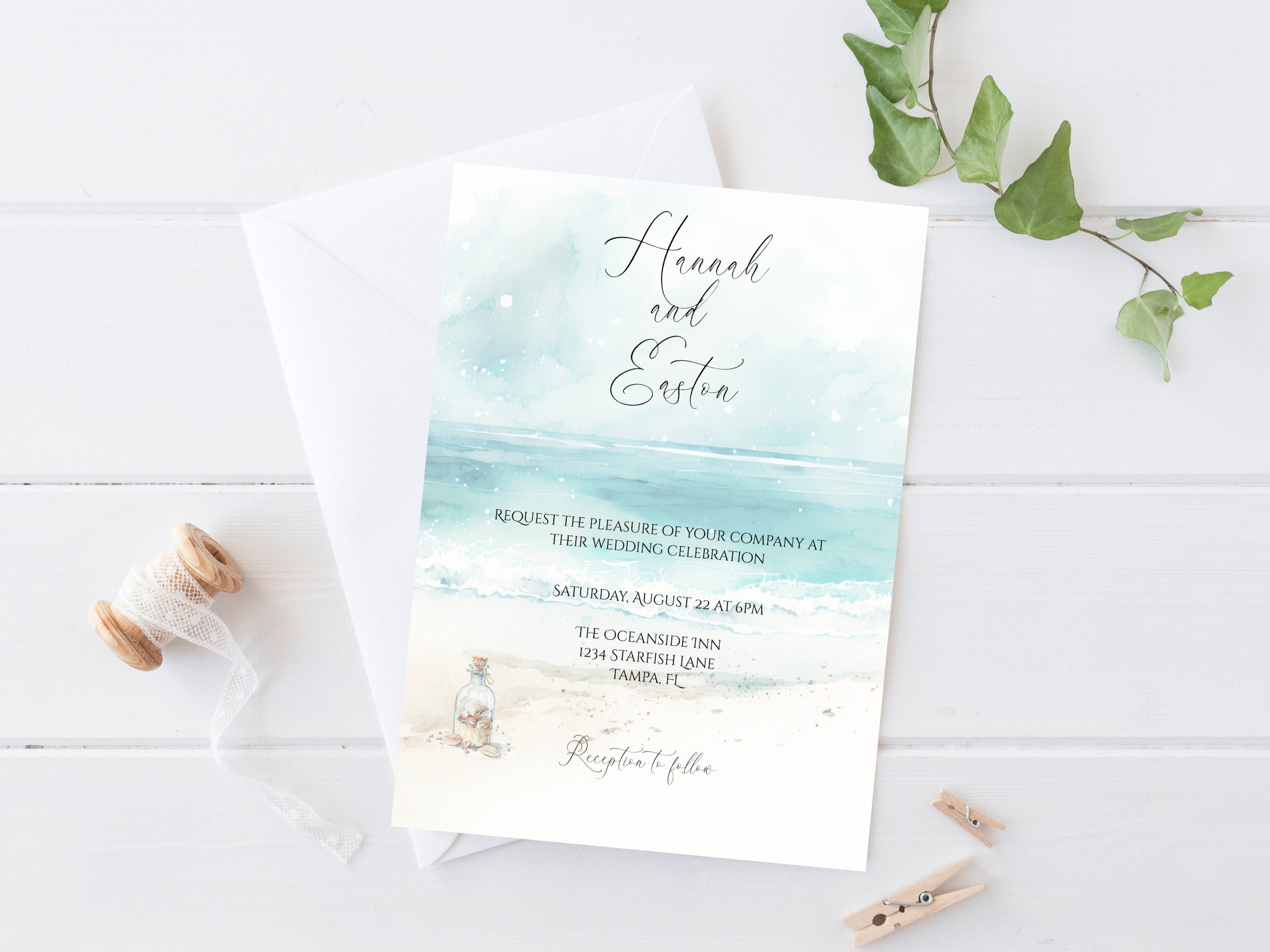 Coastal Beach Wedding Invitation Template, Editable Summer Seaside ...
