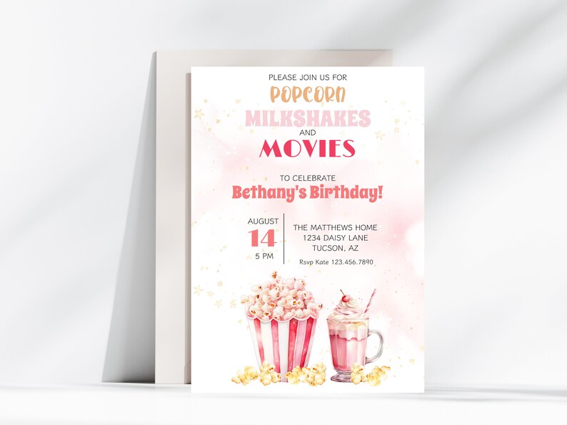 Popcorn and Movie Birthday Invitation, Milkshake & Movie Birthday ...