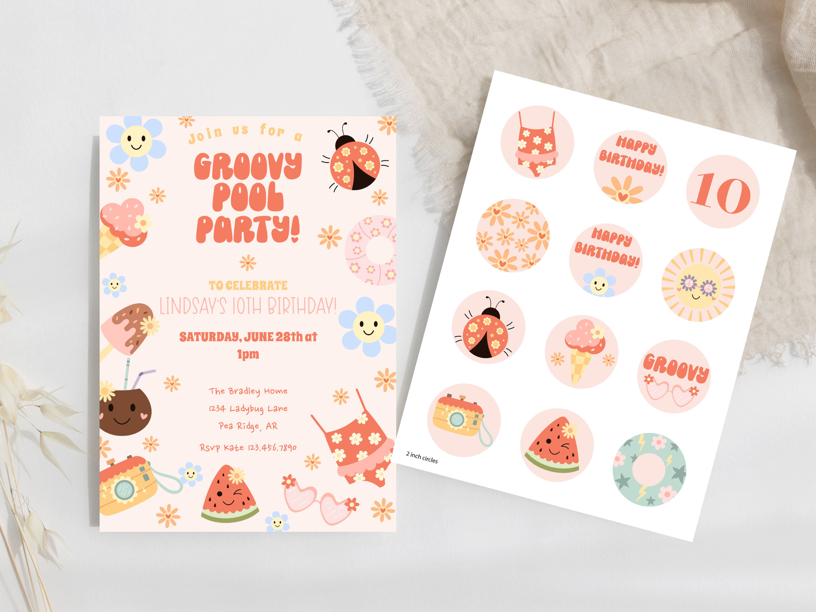 Groovy Pool Party Birthday Invitation, Printable Groovy Cupcake Toppers ...