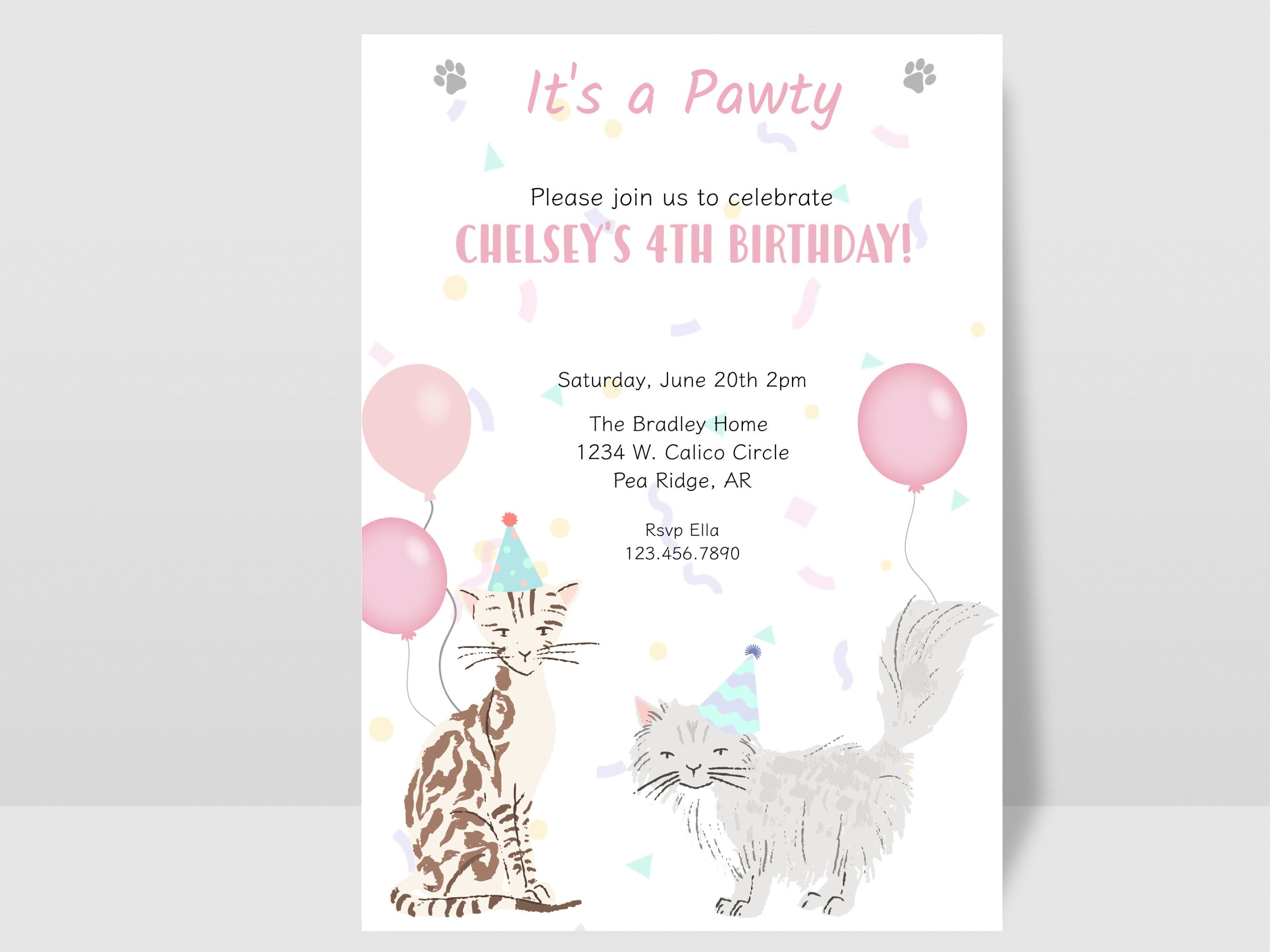 Cats Birthday Party Invite, Printable Cute Kitties Birthday Invite ...