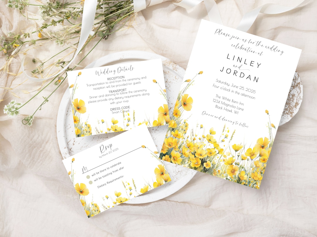 Poppy Wedding Invitation, Editable Yellow Poppies Wedding Suite ...