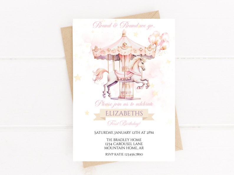 Carousel Birthday Party Invitation, Carousel Pony Girls First Birthday ...