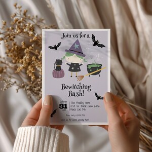 Little Witch Halloween Party Invite, Witches Cauldron & Cat Theme,bewitching Halloween Bash ...
