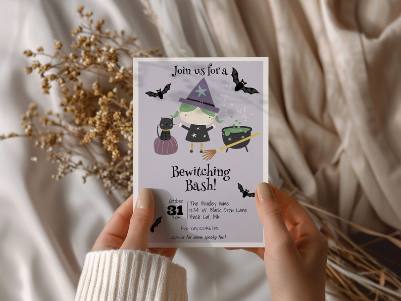 Little Witch Halloween Party Invite, Witches Cauldron & Cat Theme ...