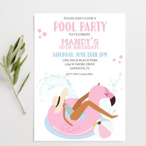 Pool Party Birthday Invitation: Pink Flamingo, Splish Splash (digital ...