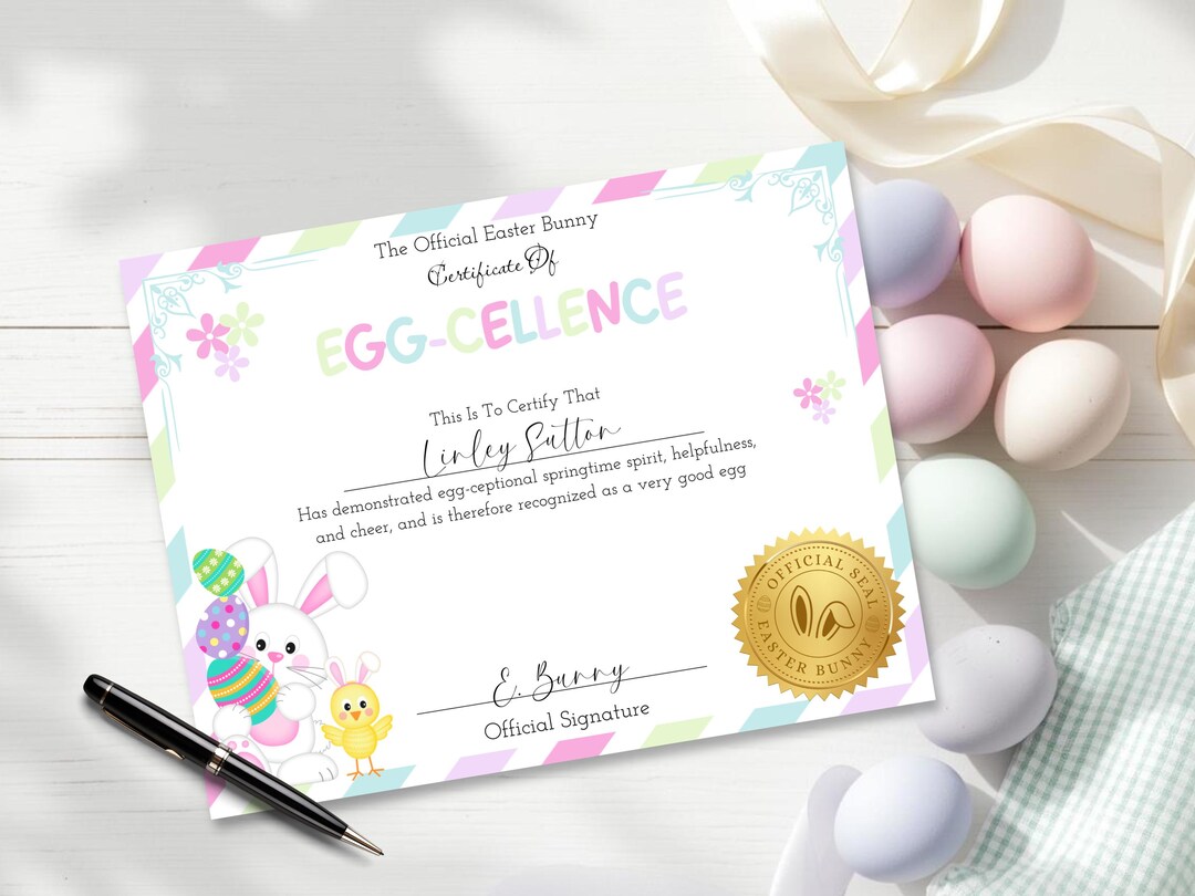 Official Certificate of Egg-cellence, Editable Easter Bunny Award ...