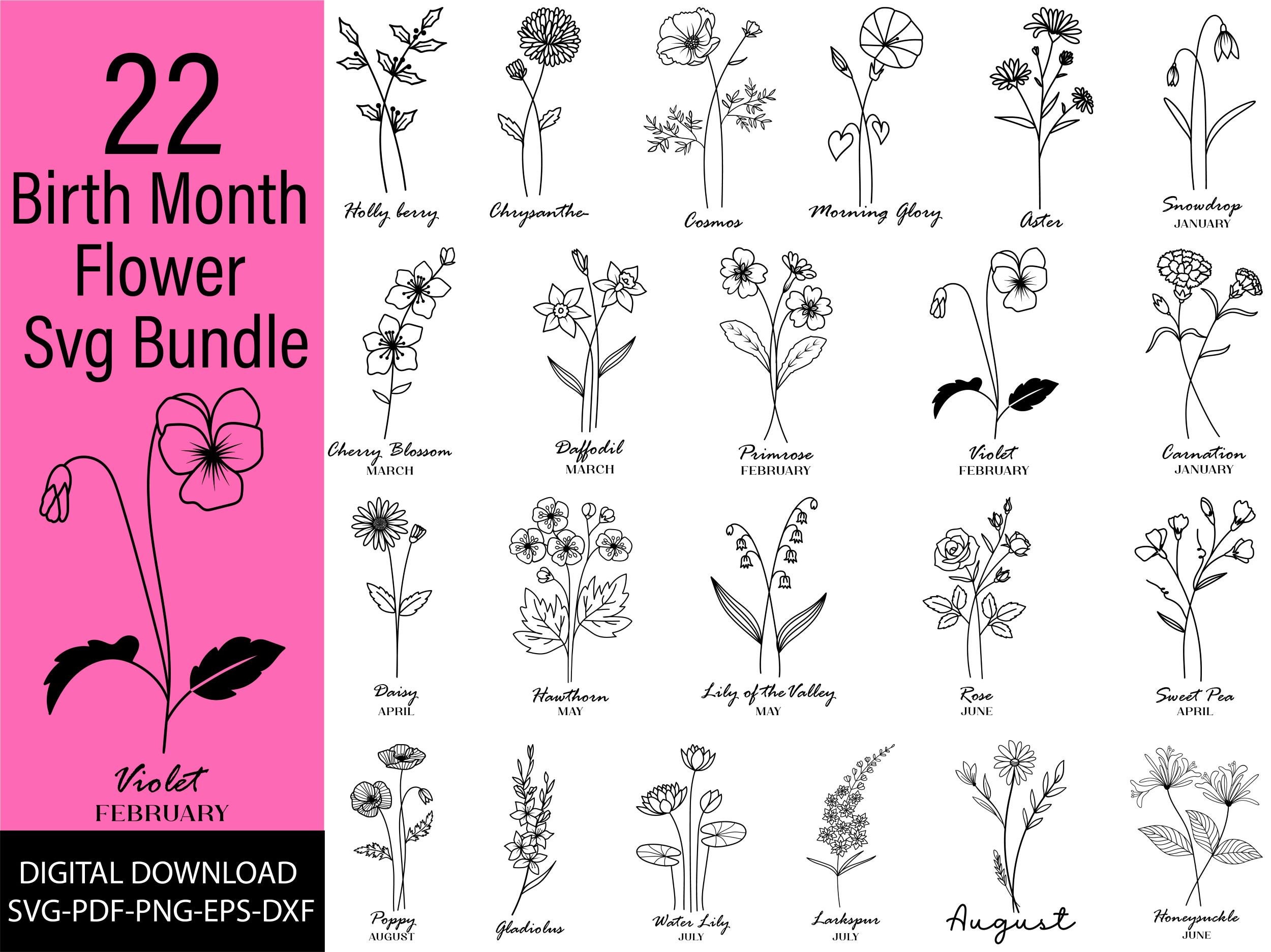 Birth Month Flower Svg Bundle, Wildflower Svg Bundle, Hand Drawn Flower ...