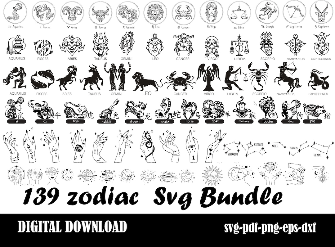Zodiac Signs SVG Bundle, Horoscope SVG Bundle, Celestial Star Sign SVG ...