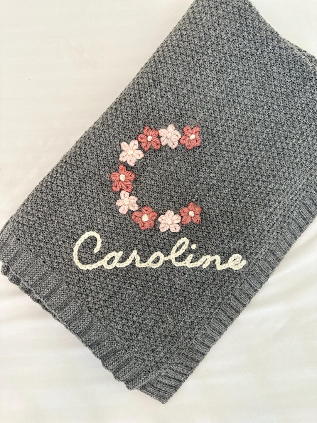 Hand Embroidered Baby Blanket With Flower Initial - Etsy
