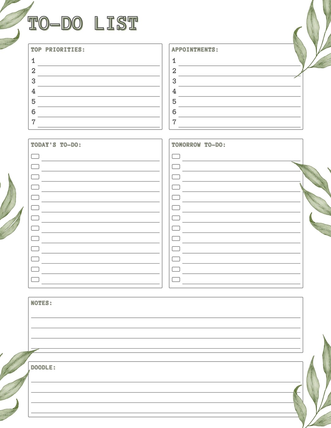 Daily to Do List Nature Leaf Green Theme Instant Download Printable PDF ...