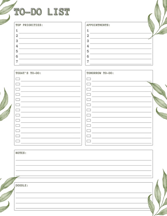 Daily to Do List Nature Leaf Green Theme Instant - Etsy